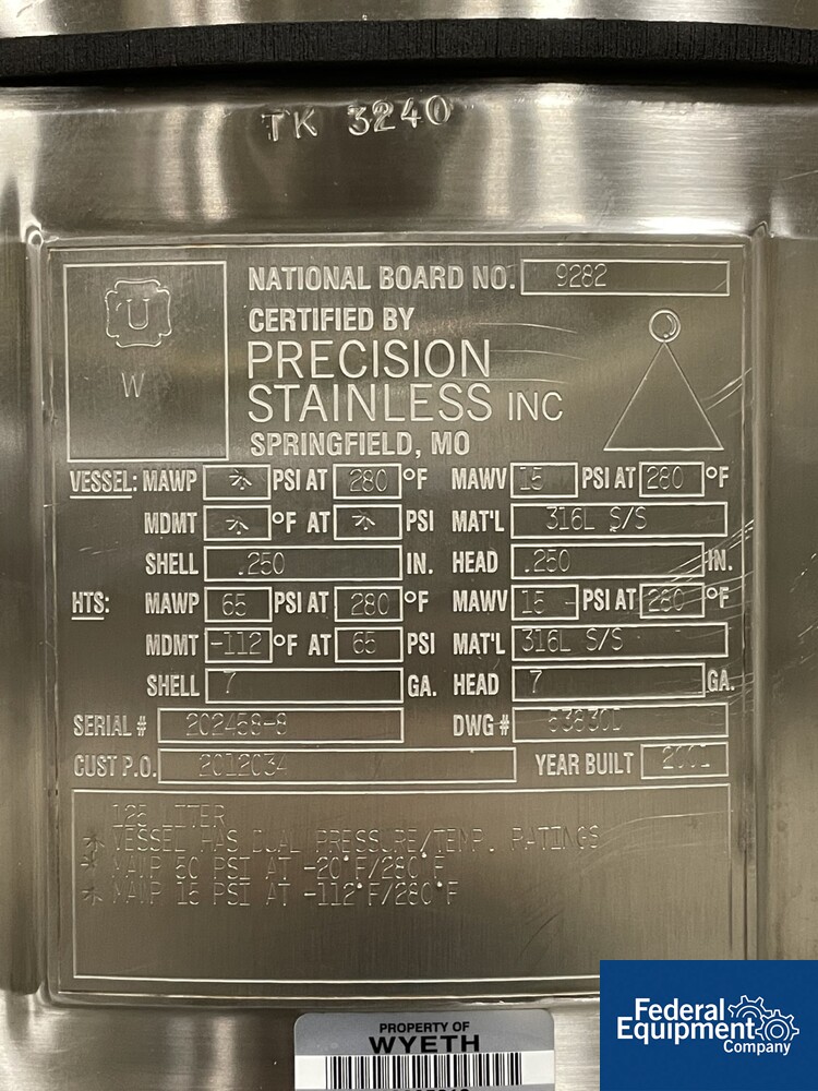 50/65 psi, Precision, Integrated Biosystems Cryovessel, 125 liter, 316L ...