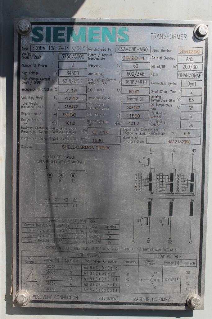 3750/5000 KVA 34500 Primary, 600/346 Secondary, Siemens, oil filled ...
