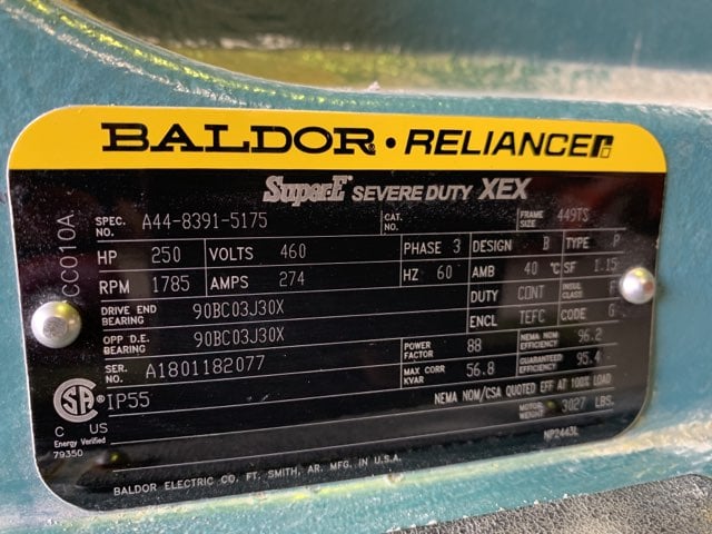 250 HP 1800 RPM Baldor-Reliance, Frame 449TS, TEFC BB, 460 Volts, New ...