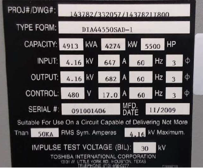 4000 HP General Electric /Toshiba, DB5i VFD, 4160 VAC @ 682 amps, in ...