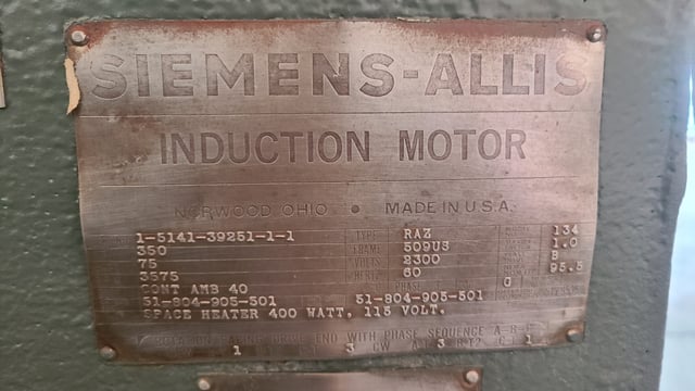 350 HP 3600 RPM Siemens-Allis, Frame 509US, TEFCSB TUBE, 2300 Volts for ...