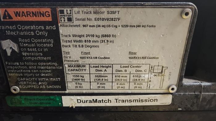 3500 lb. Hyster #S35XM, propane forklift, 2 stage mast, 42" forks ...