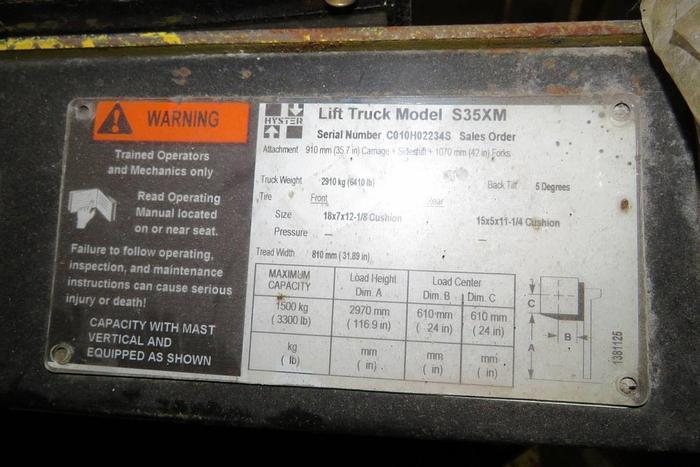 3500 lb. Hyster #S35XM, propane forklift, 2 stage mast, 42" forks ...