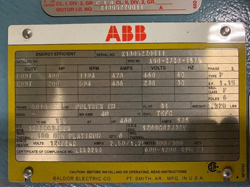 400 HP 1200 RPM ABB /Baldor, Frame 5010L, TEFC, BB, 1.15, new surp, 460 ...