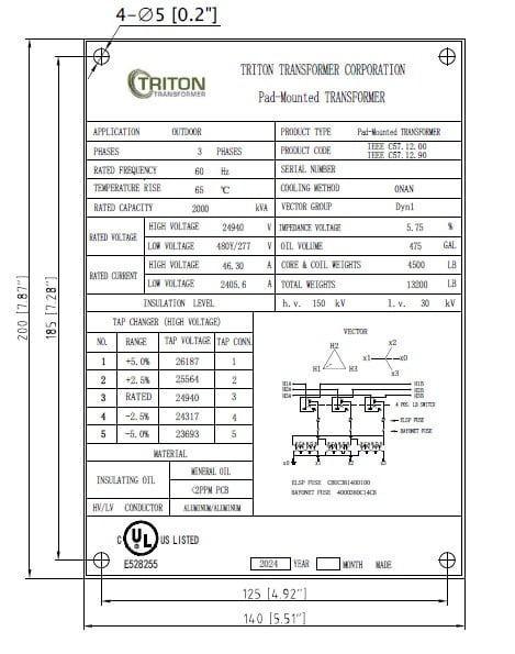 2600 KVA 13800x12470 Delta Primary, 480 Wye Secondary, Transformer ...