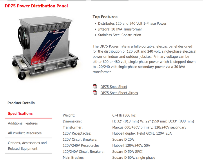 DP75 Power Distribution Panel - 30kVA Stepdown transformer 480/575 ...