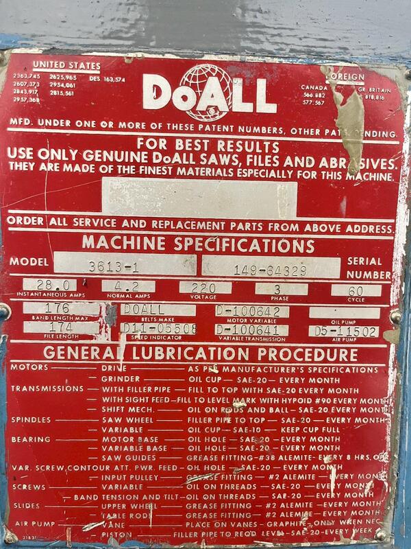 36" DoAll #3613-1, vertical bandsaw, 16" wheel, 50-5200 FPM, 1-1/2 HP ...