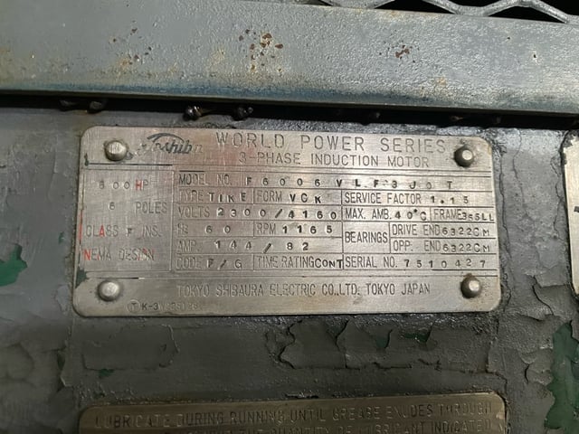 600 HP 1200 RPM Toshiba, Frame 355LL, Drip-Proof Ball Bearing, 2300/ ...