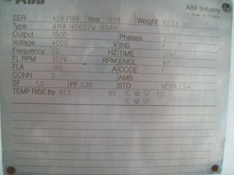 1500 HP 3600 RPM ABB, Frame 6800Z, weather protected encl. type 2, SB ...