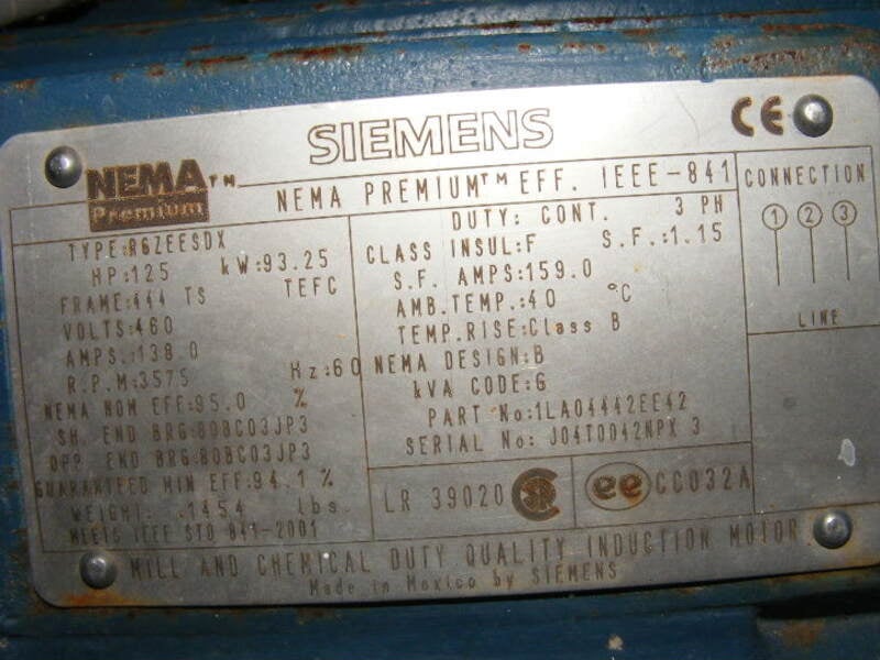125 HP 3575 RPM Siemens, Frame 444TS, 460 Volts for Sale | Surplus Record