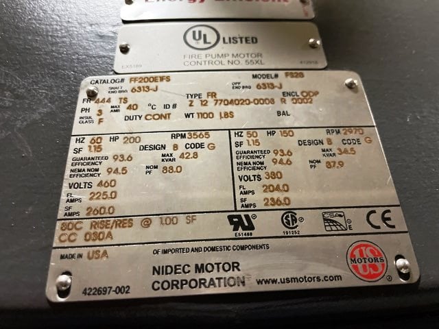 200 HP 3600 RPM U.S. Motors, Frame 444TS, Drip-Proof Ball Bearing, 460 ...