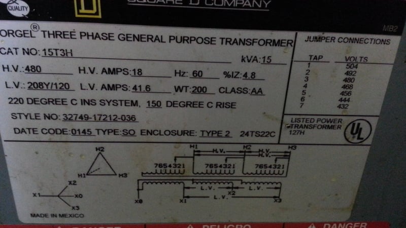 15 KVA Square D, 3 Phase Transformer, S/N 15T3H for Sale | Surplus Record