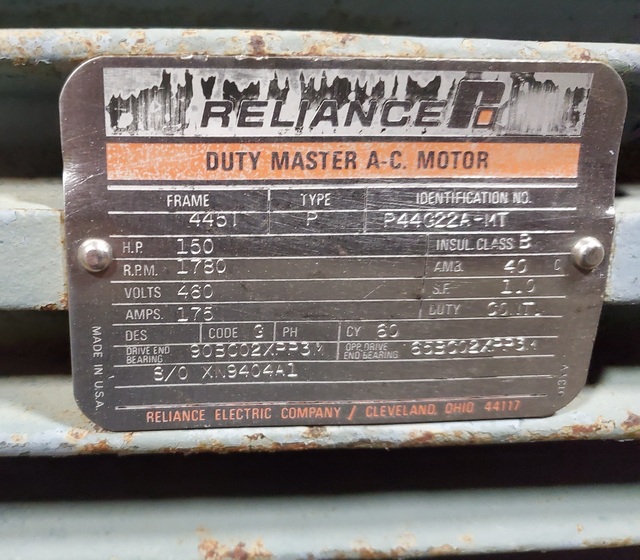150 HP 1780 RPM Reliance, Frame 445T, 460 Volts, 175 Amps for Sale ...