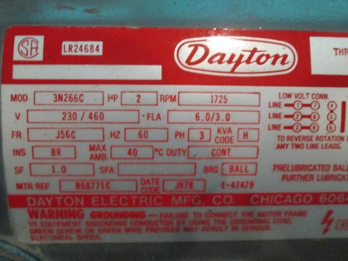 2 HP 1725 RPM Dayton, Frame J56C, 230/460 Volts for Sale | Surplus Record