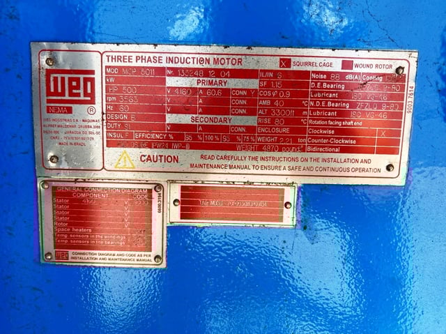 500 HP 3600 RPM WEG, Frame 5011/12, WPIISB, 4160 Volts for Sale ...