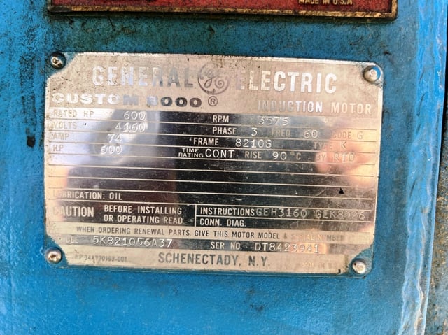 600 HP 3600 RPM General Electric, Frame 8210S, DPSB, 4160 Volts For ...