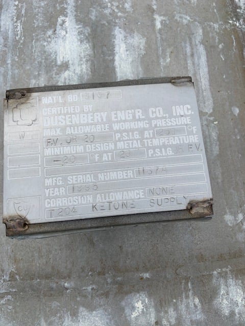 1000 gallon Dusenbery, Stainless Steel vacuum vessel, 20 psi/FV, side ...