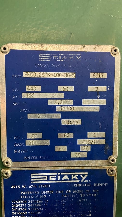 100 KVA Sciaky #PMCO2STK-100-36-5, 440 V., 3-phase, 36" throat, Unitrol ...