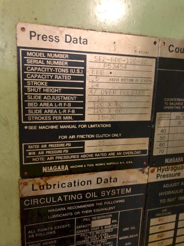 880 Ton, Niagara #SE2-800-120-60, straight side double crank press, 24 ...