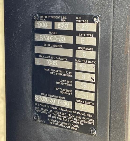 3000 lb. Crown #RC3020-30, stand-up fork lift, 3-stage mast, 190" ma ...