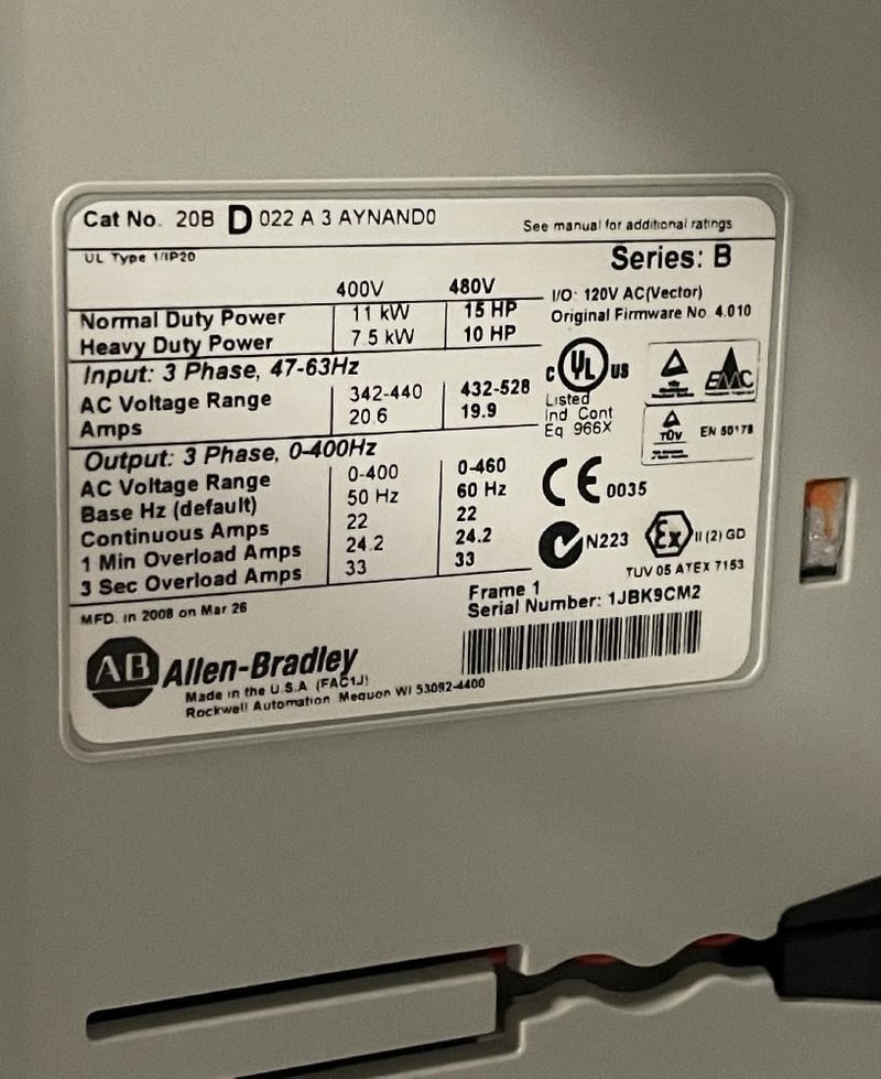 10/15 HP Allen-Bradley PowerFlex 700, 20BD022A3AYNAND0, 480 Volts, N12 ...