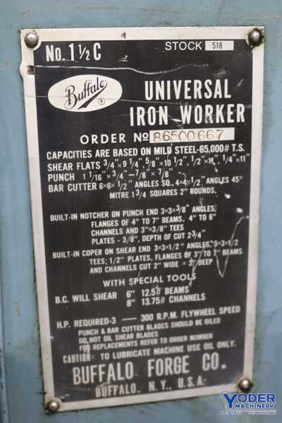 5" x 5" x 1/2" Buffalo #1-1/2C, ironworker, 65 ton, 22-1/2" throat, 3 ...
