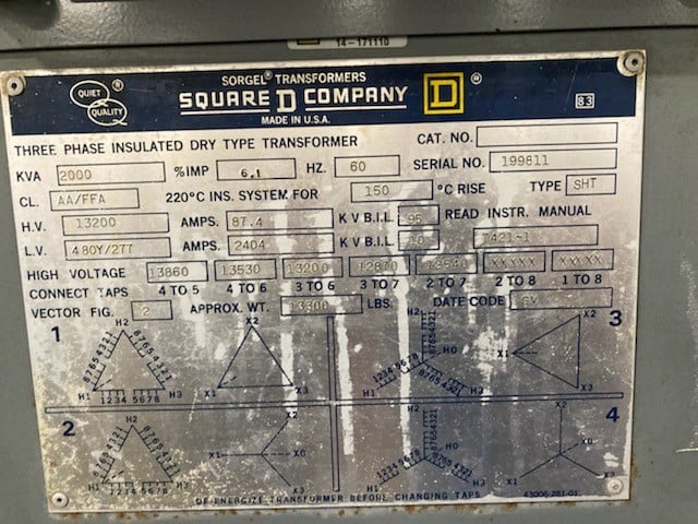 2000 KVA 13200 Delta Primary, 480Y/277 Secondary, Square D, dry, Nema 1 ...