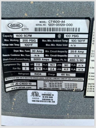 1600 cfm, 200 psig, Airtek #CT1500, cycling refrigerated air dryer For ...