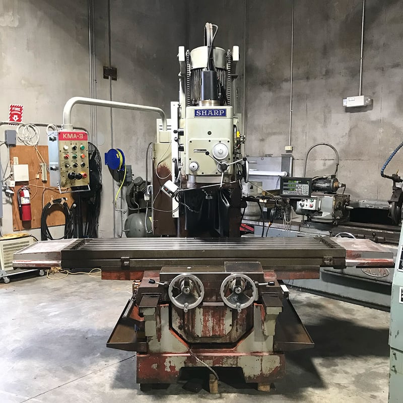 Sharp #KMA-3, bed type mill, 20" x87" table, 17.5 HP, #50 taper, power ...