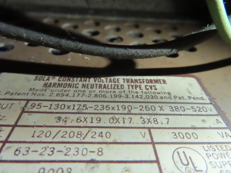 Sola constant voltage transformer, 63-23-230-8, type CVS, 3000 VA, 120/208/240 Volts, 1 yr ...