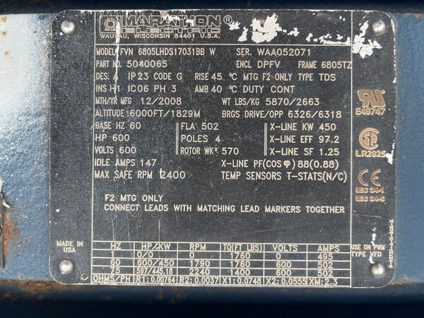 600 HP 1790 RPM Marathon, Frame 6805TZ, DPBV, VFD, F2, 600 VAC, surplus ...