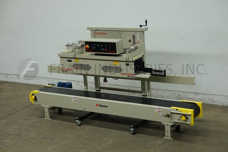 Fischbein #PBC6000, right to left, pre-applied glue, bag heat sealer ...