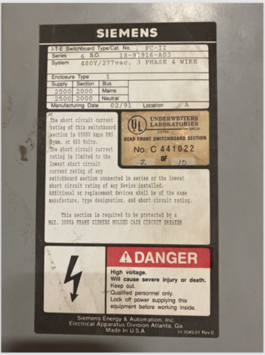 2500 Amps, Siemens ITE Switchboard FC-II, 480Y/277 Vac Distribution ...