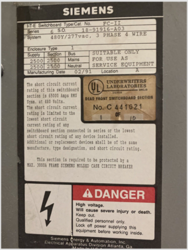 2500 Amps, Siemens ITE Switchboard FC-II, 480Y/277 Vac Distribution ...