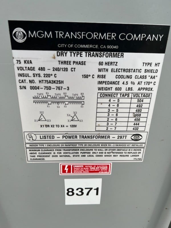 75 KVA 480 Delta Primary, 240 Delta Secondary, MGM, 120v center tap ...