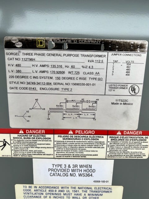 112.5 KVA 480 Delta Primary, 380Y Secondary, Square D, reconditioned ...