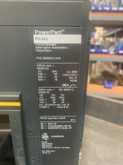 800 Amps, Schneider, PowerPact breaker, 50/60 Hz, s/n #0202461741340010 ...