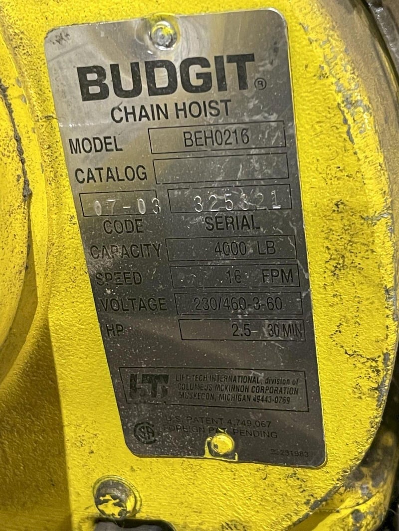 2 Ton, Budgit #BEH0216, electric hoist with trolley & pendent controls ...