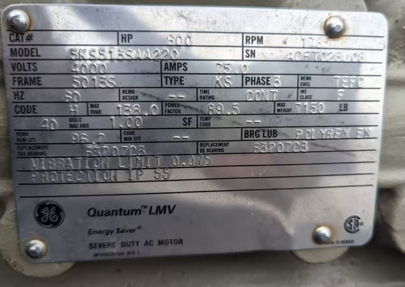 600 HP 1785 RPM General Electric, Frame 5013S, TEFC, 2300/4000 Volts (2 ...