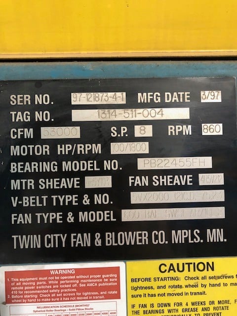 53000 cfm, Twin City Fan & Blower / tag #1314-511-004, 1997 for Sale ...