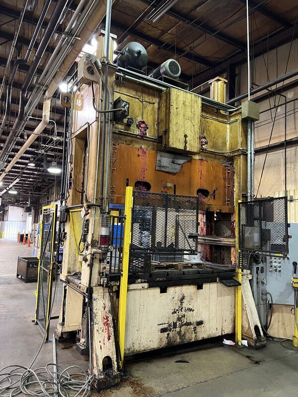 250 Ton, Heim #S2-250-48-102, straight side double crank press, 12" stroke, 36" Shut Height, air ...
