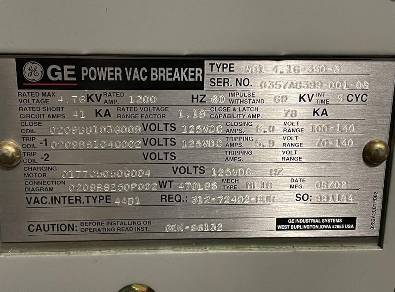 1200 Amps, General Electric Power-Vac Circuit Breaker, VB1 4.16-350-3 ...