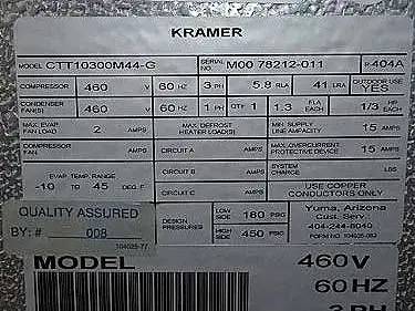 Kramer CTT10300M44-G, Thermobank Condensing System, 3 ton, R134A, 180/ ...