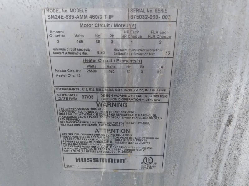 2 Fans, Hussmann SM24E-989-AMM 460/3 T in plant, Freon Evaporator Coil ...