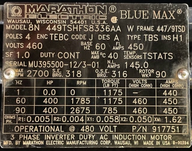 400 HP 1800 RPM Marathon, Frame 447/9TSD, TEAOBB, 460 Volts, New ...