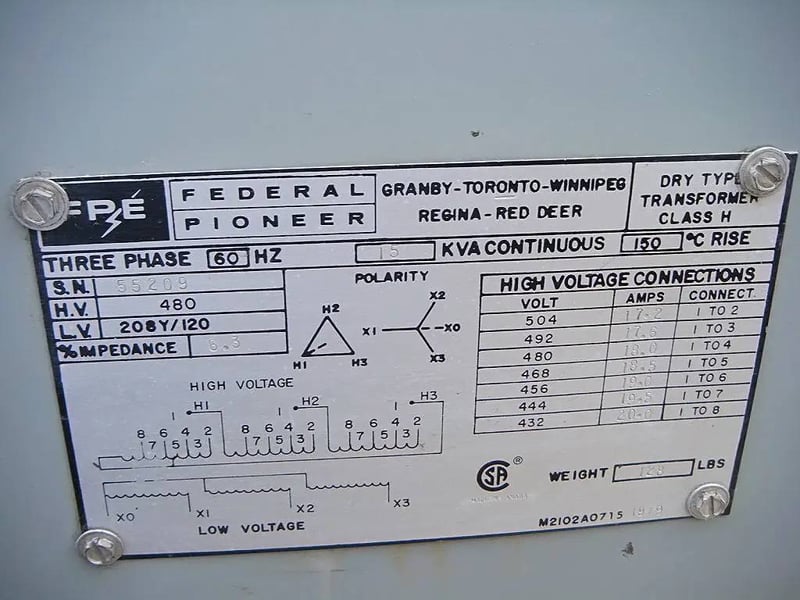 15 KVA Federal Pioneer #M2102A0715 1979, Dry Type Transformer, 480 V, 3 ...