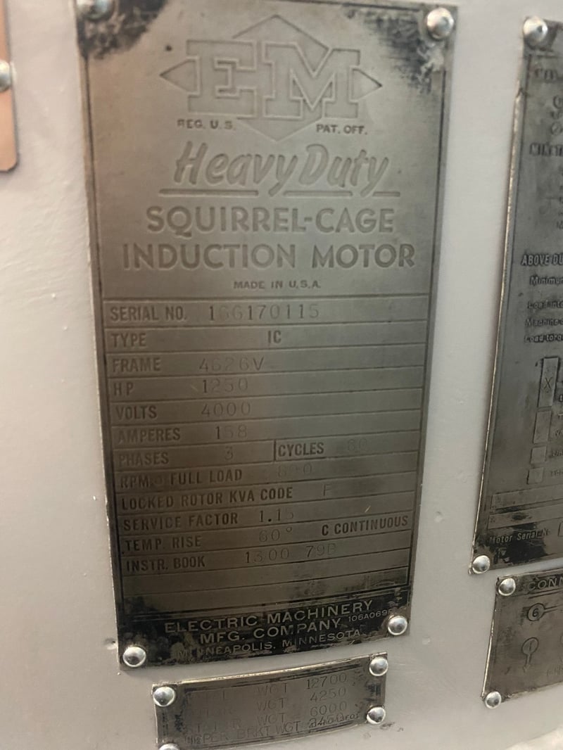 1250 HP 890 RPM Electric Machinery, Frame 4626V, 4000 Volts, Recently ...