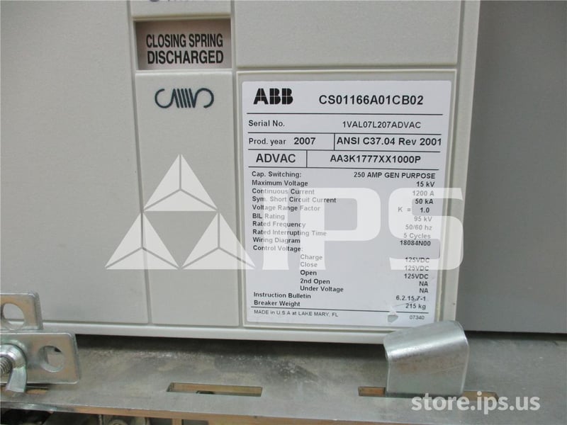 1200 Amps ABB Advac Aa3k1777xx1000p Model 3 (advac Model 3) 125 Volts ...