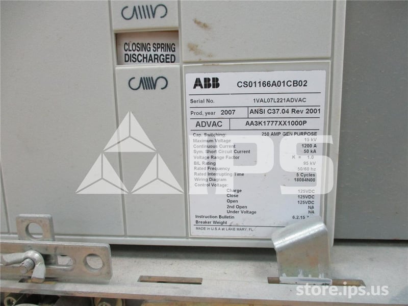 1200 Amps ABB Advac Aa3k1777xx1000p Model 3 (advac Model 3) 125 Volts ...