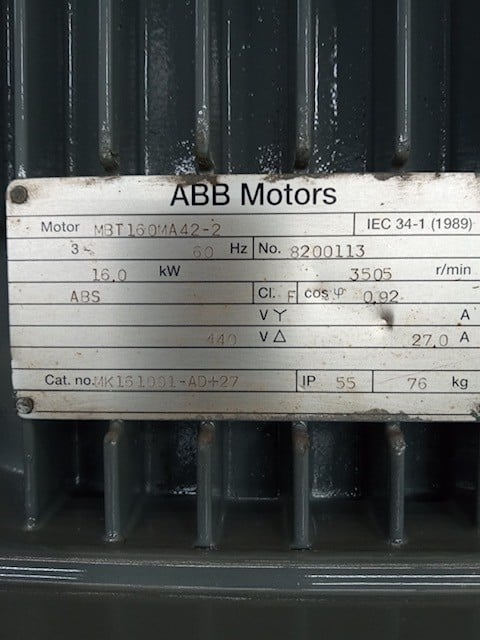 16 KW HP 3505 RPM ABB, Frame 160M, TEFC AC Metric Motor, 440 Volts for ...